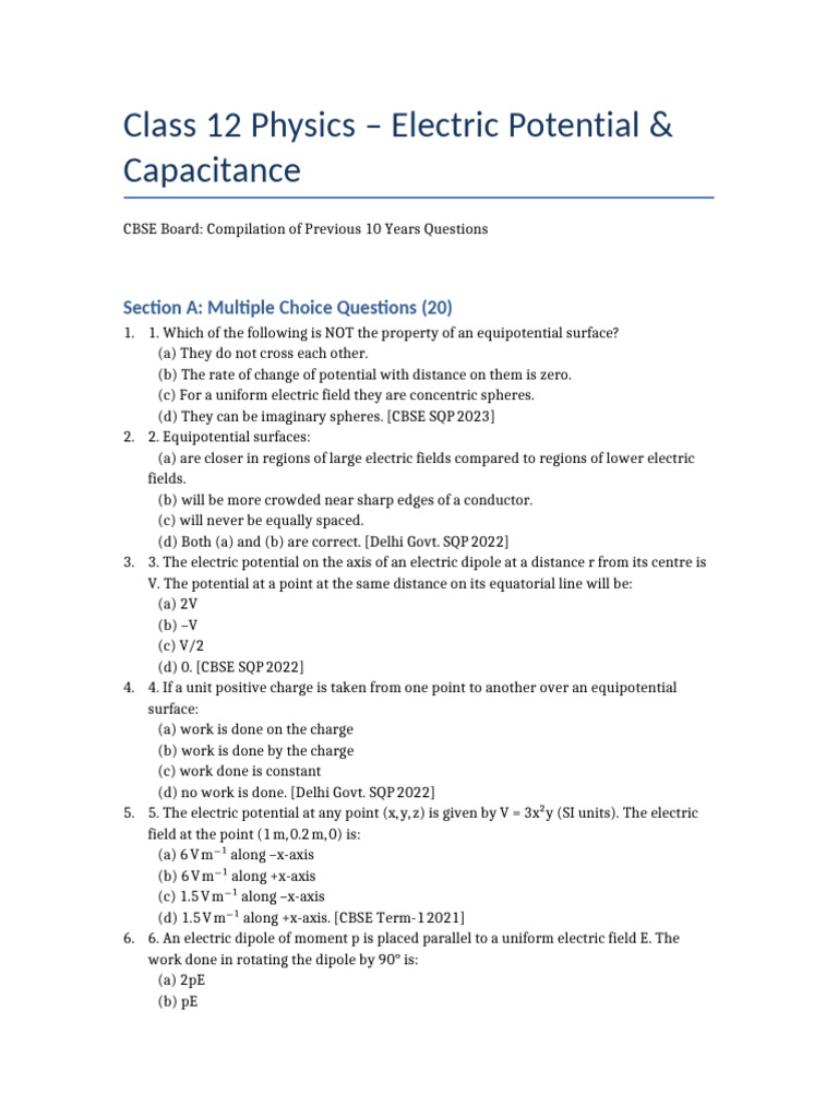 Class12 Physics Electric Potential Capacitance PYQ | PDF | Capacitor | Capacitance