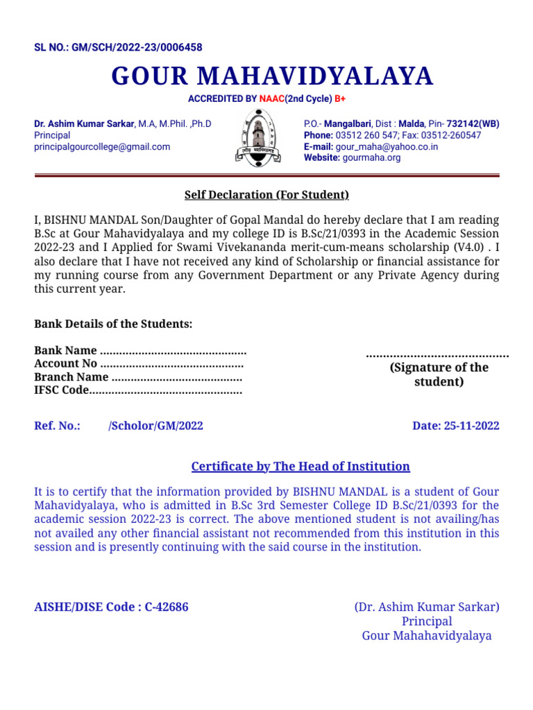 Gour College Self Declaration | PDF