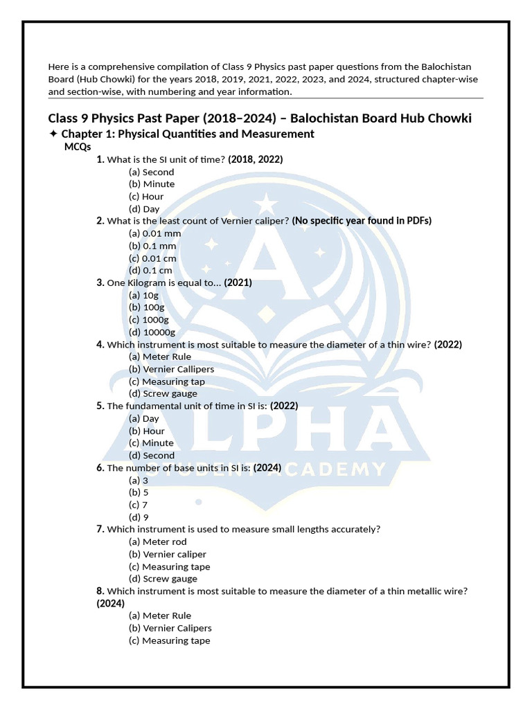 Class 9 Physics Past Papers 2018-2024 | PDF | Heat | Force