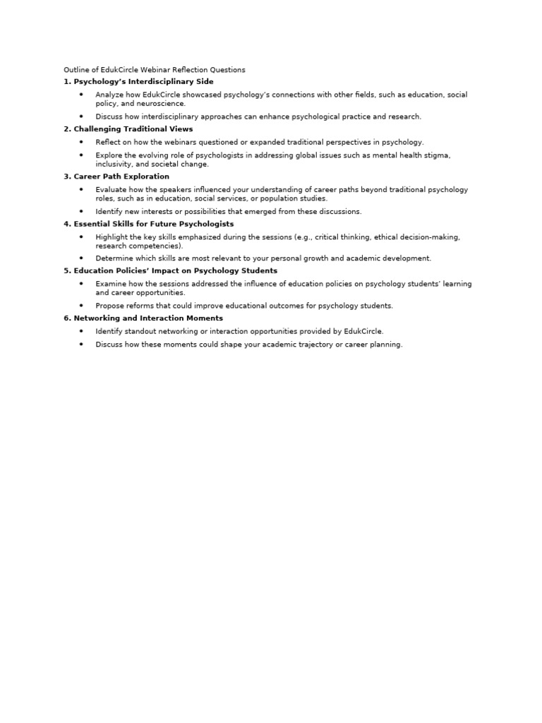 Outline of EdukCircle Webinar Reflection Questions | PDF