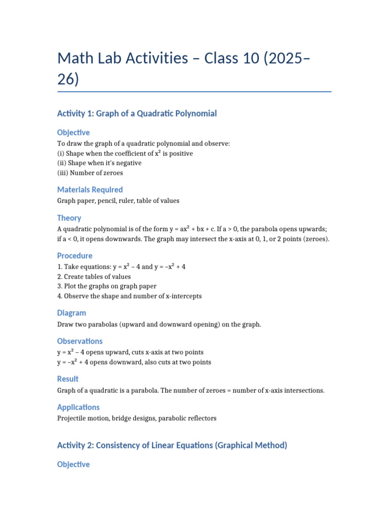 Complete Math Lab Activities Class10 2025-26 | PDF | Mathematical Objects | Mathematical Relations
