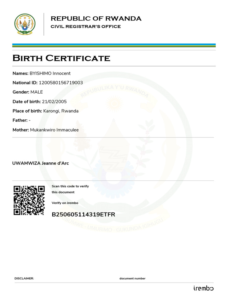 Birth Certificate Byishimo | PDF