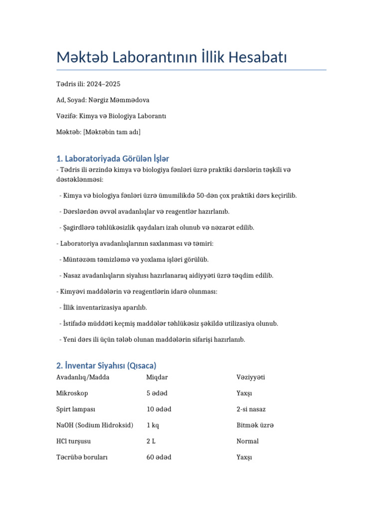 Mekteb Laborant Hesabat 2024-2025 | PDF
