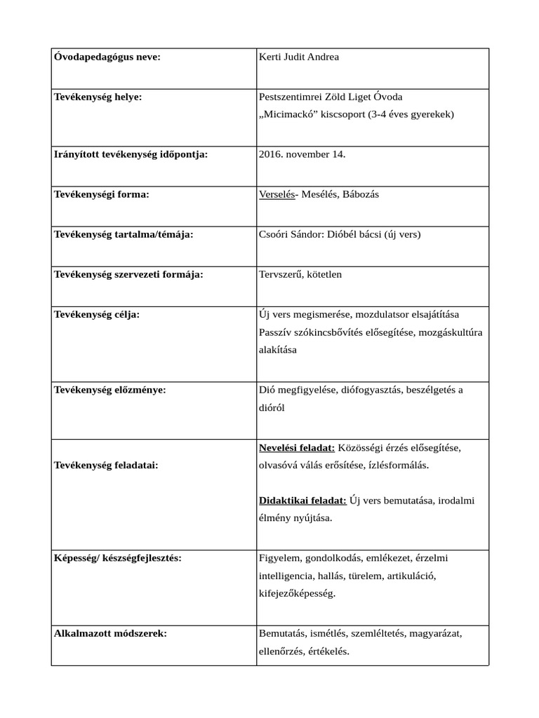 A Foglalkozási Terv Vers | PDF
