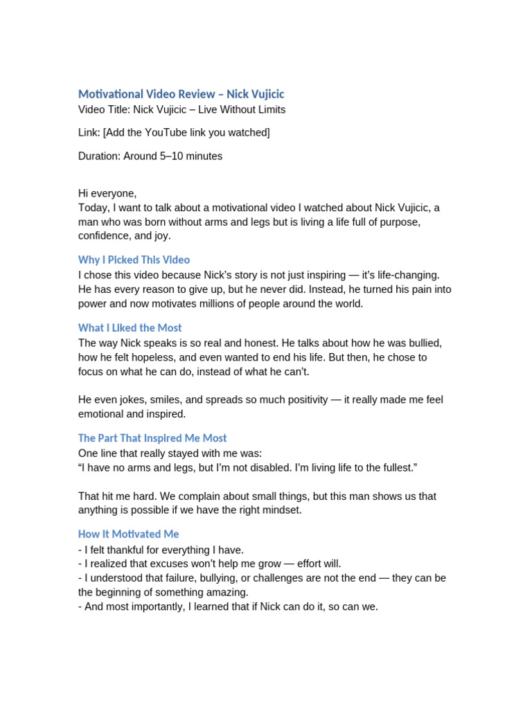 Nick Vujicic Motivational Review | PDF