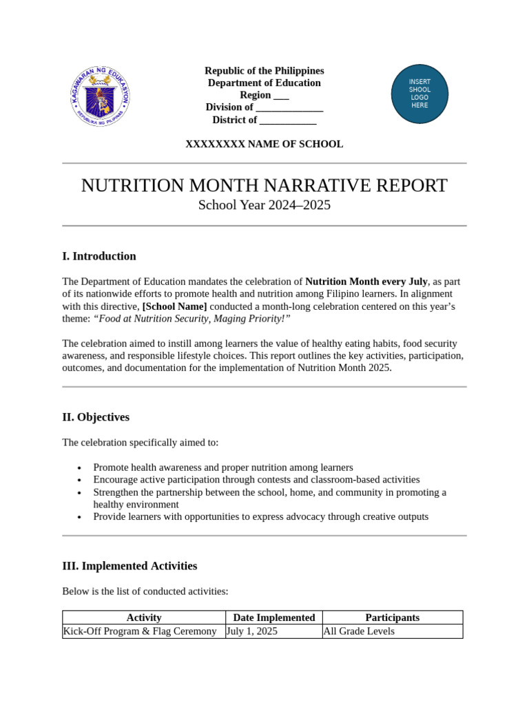 Nutrition Month Narrative Report | PDF | Teachers | Learning