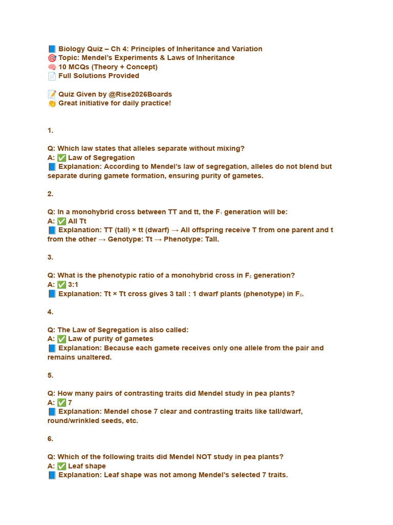 ? Biology Quiz – Ch 4- Principles of Inheritance and Variation | PDF