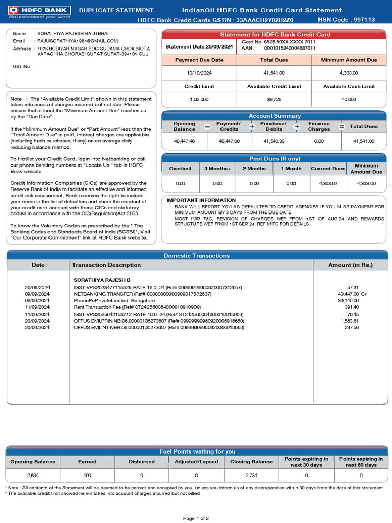 HDFC Bank Credit Card Statement Summary | PDF | Credit Card | Banks