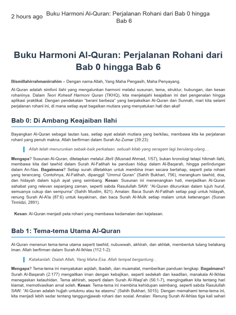 Buku Harmoni Al-Quran - Perjalanan Rohani Dari Bab 0 Hingga Bab 6 - Quran Harmoni | PDF