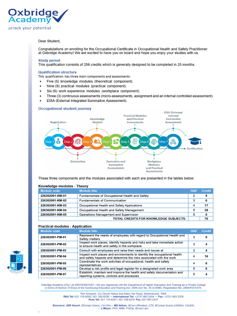 Welcome Pack Letter - OHS Occupational Certificate | PDF | Occupational ...
