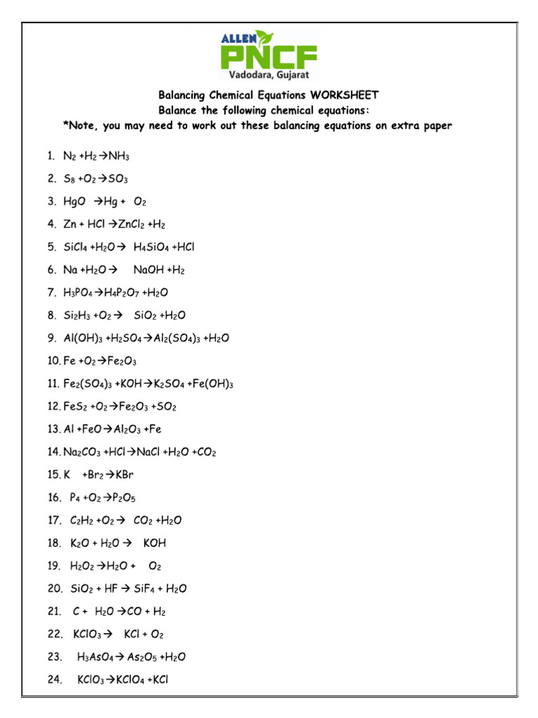 Balancing Chemical Equations Worksheet-1 | PDF