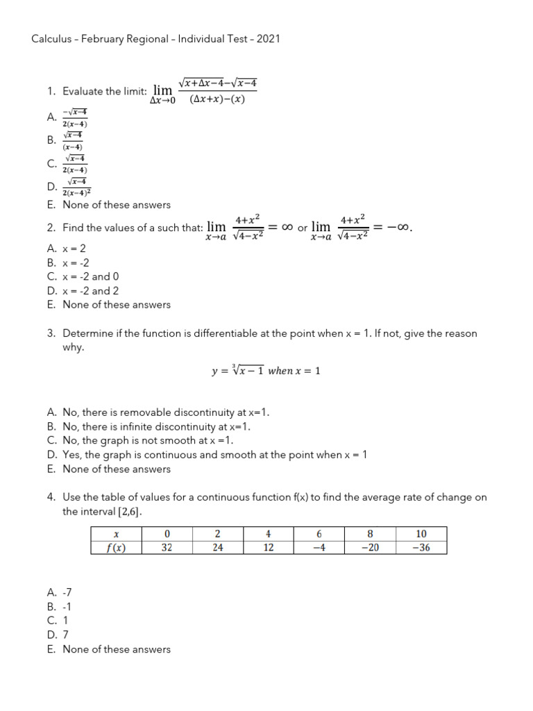 Calculus Test Questions and Answers | PDF | Function (Mathematics ...