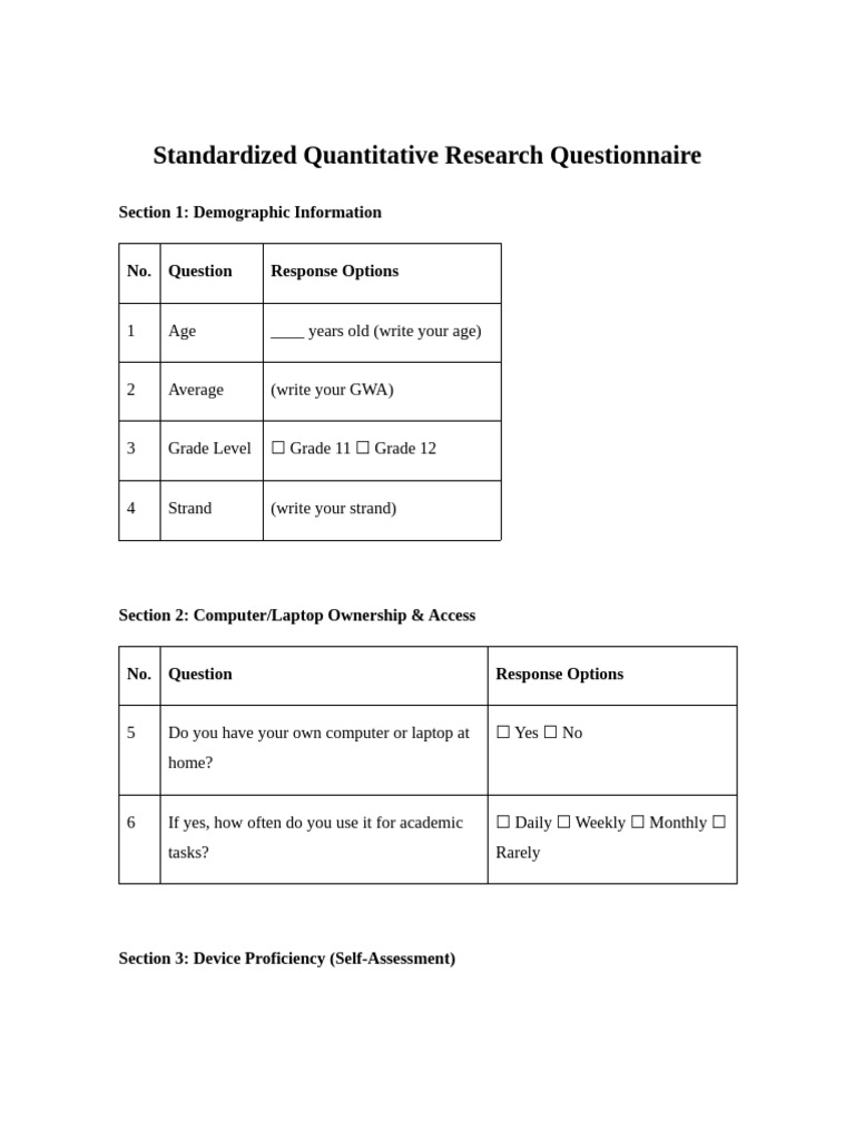 Quantitative Research Questionnaire Template | PDF | Computing