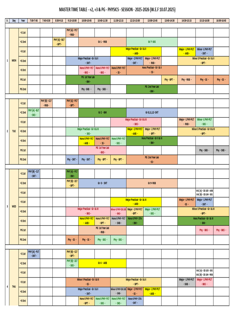 Master Timetable Physics 2025-26-115739 | PDF