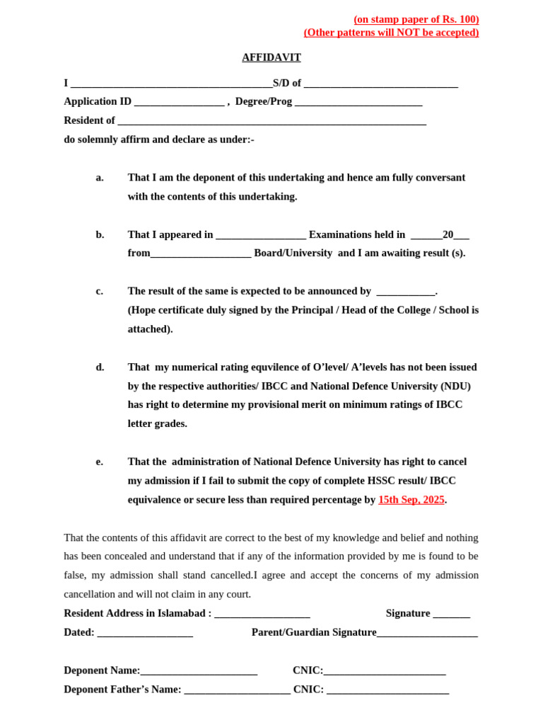 Undertaking Result Awaited Affidavit BS Applicants (Fall 2025) | PDF