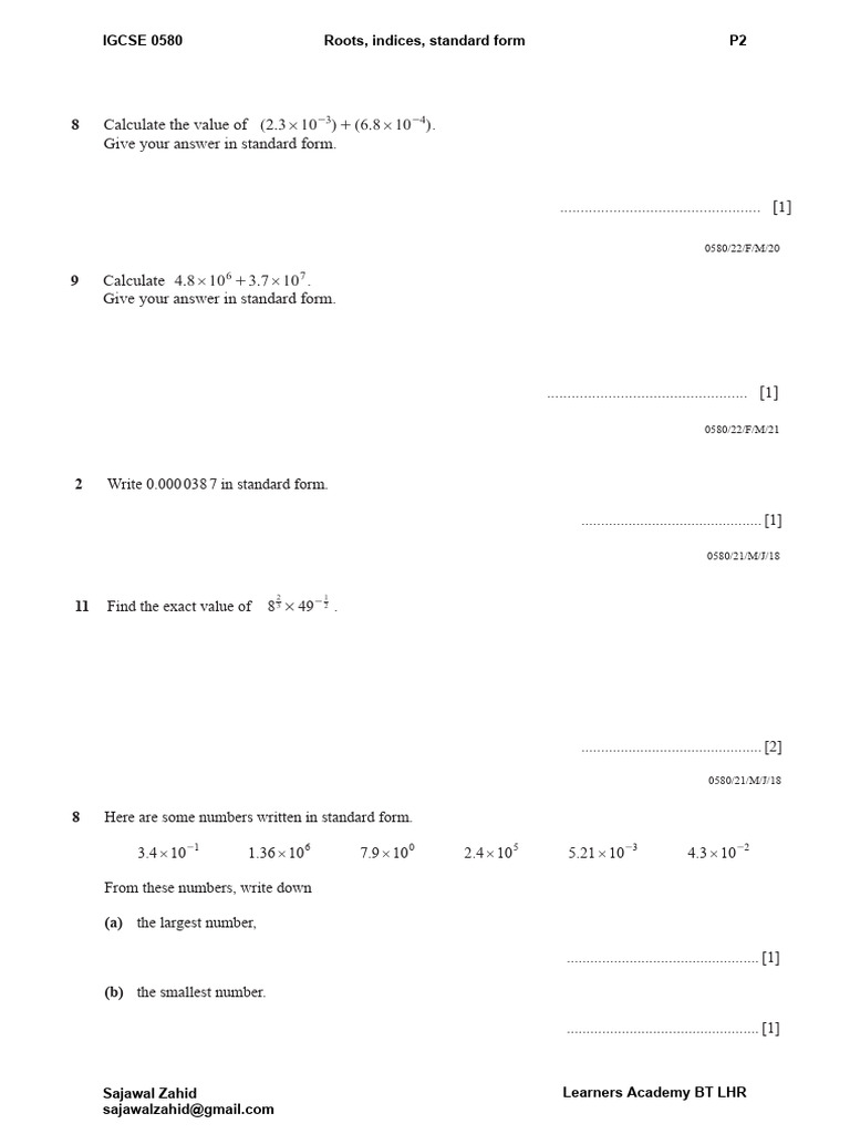 Indices and Standard Form Worksheet | PDF | Mathematics