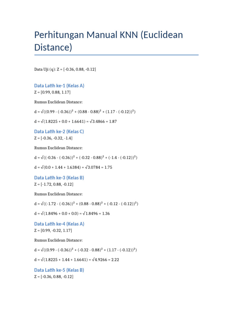 Manual KNN Calculation with Euclidean Distance | PDF