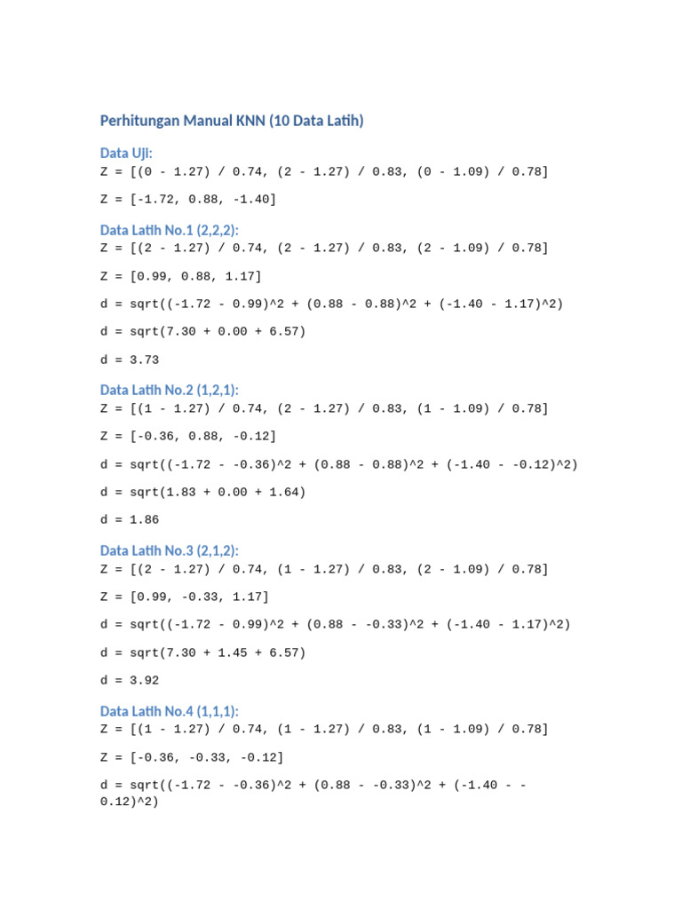 Perhitungan Manual KNN Dengan Rumus Detail | PDF