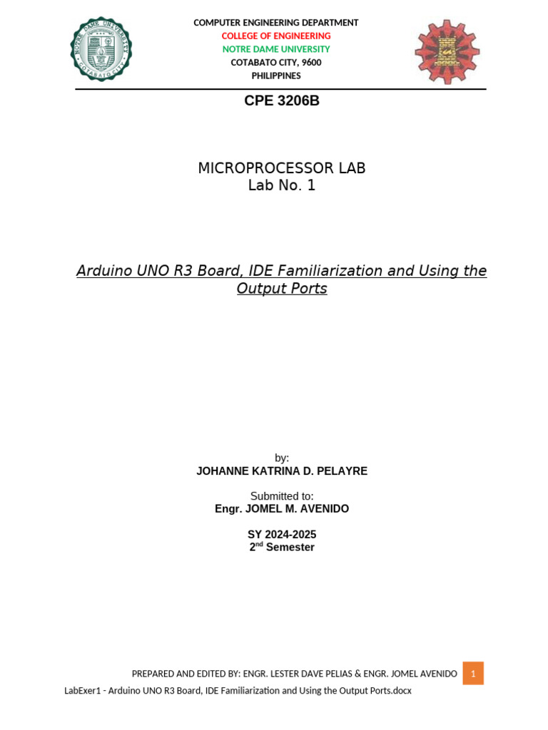LabExer1 - Arduino UNO R3 Board, IDE Familiarization and Using the Output Ports | PDF | Arduino ...
