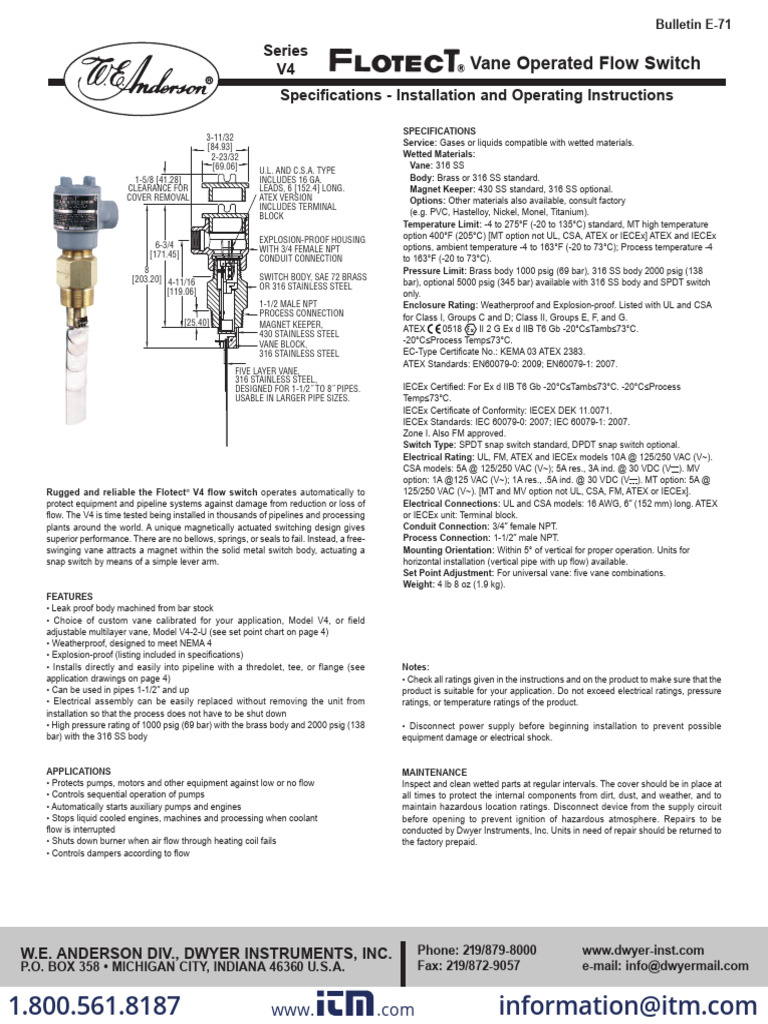 Dwyer v4 Series Flow Switch Manual | PDF | Stainless Steel | Pipe (Fluid Conveyance)