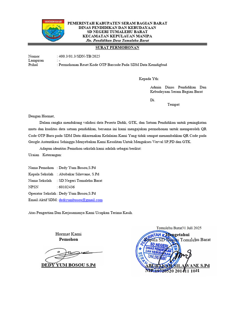 Surat Permohonan Reset Grcode Otp SDM Data Kemdigbud | PDF