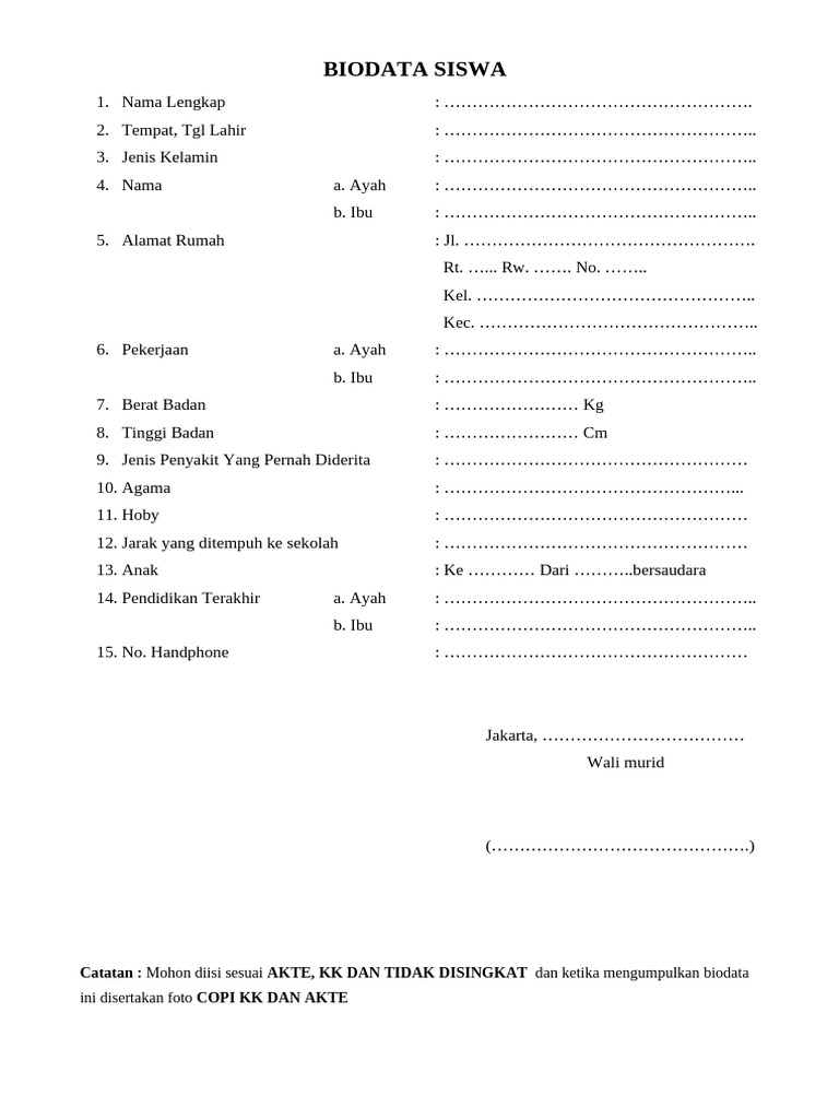 Formulir Biodata Siswa Lengkap | PDF