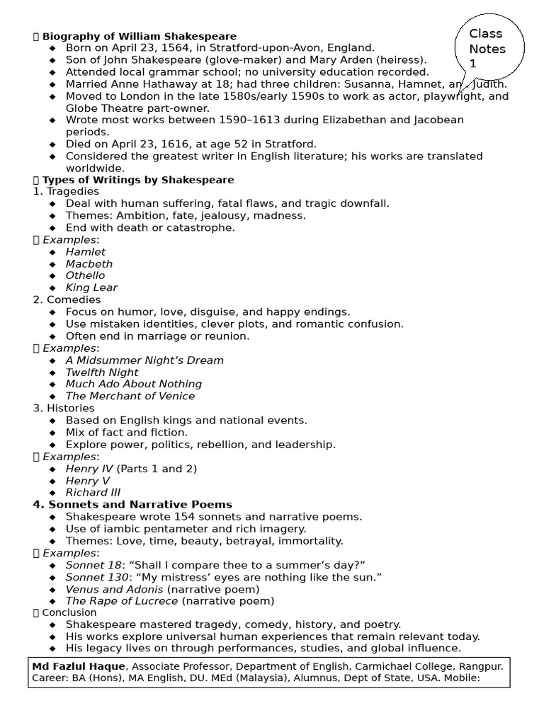 Shakespeare: Life and Literary Genres | PDF