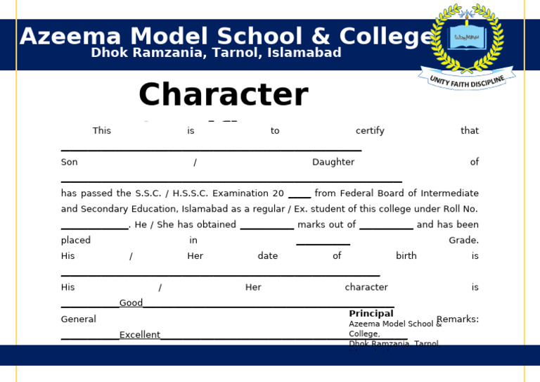Character Certificate from Azeema School | PDF