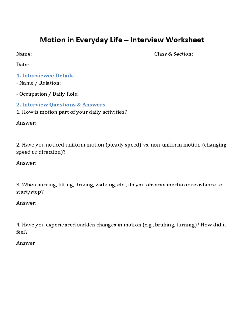 Everyday Motion Interview Worksheet | PDF