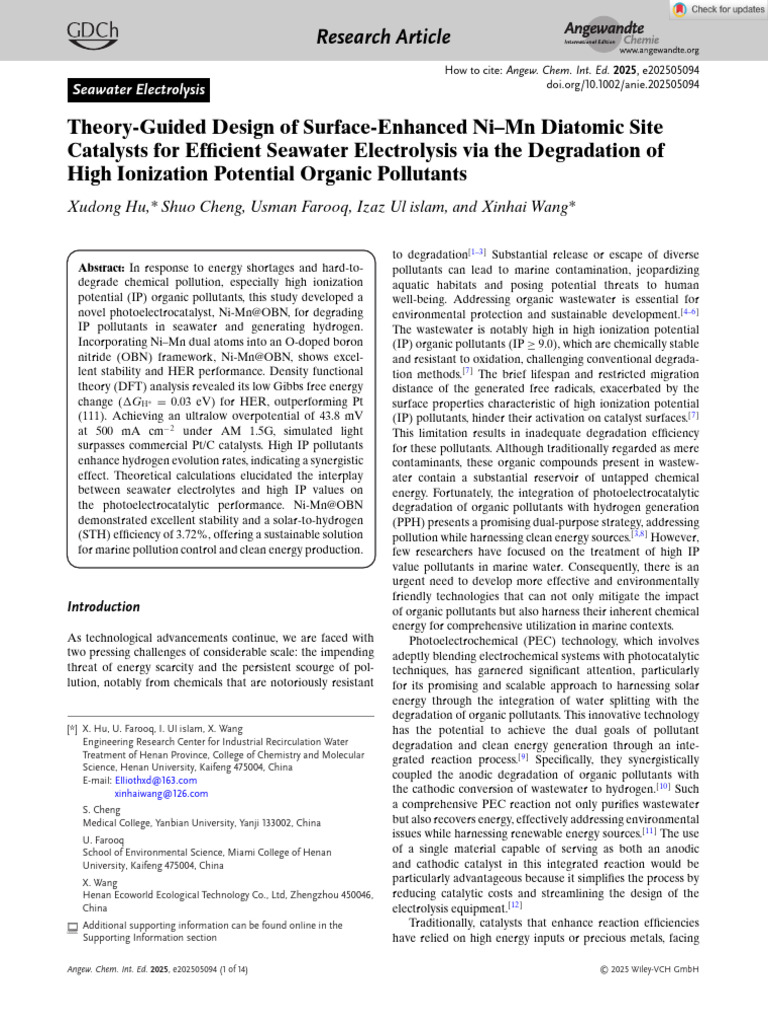 Angew Chem Int Ed - 2025 - Hu - Theory‐Guided Design of Surface‐Enhanced Ni Mn Diatomic Site ...