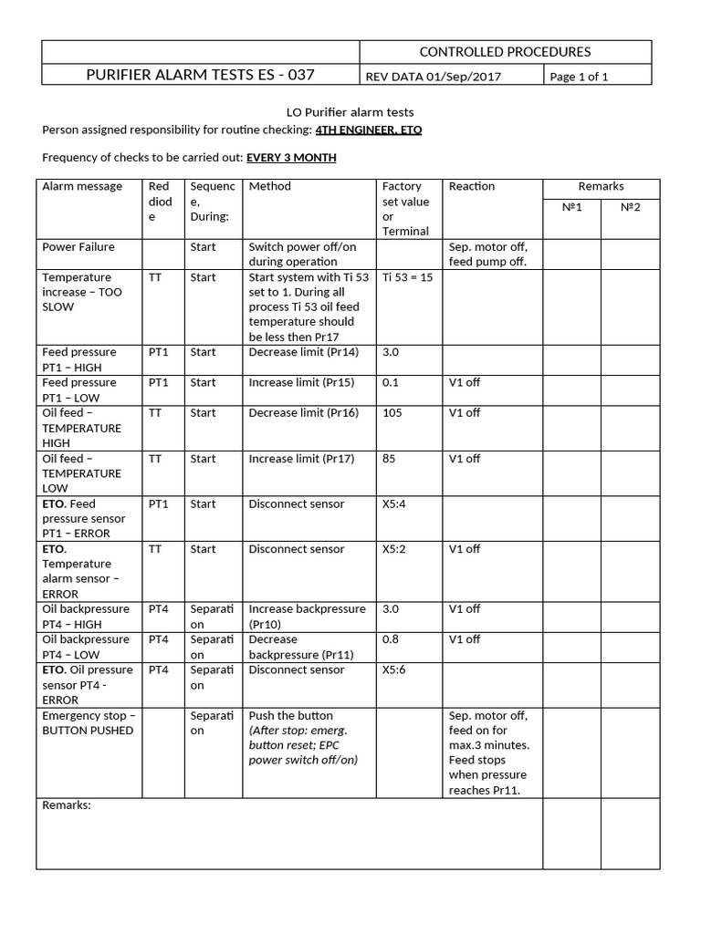 L.O.purifier Alarms Test | PDF | Equipment | Electrical Engineering