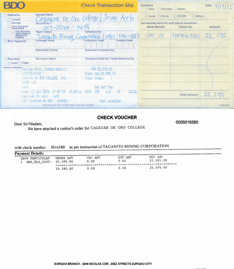 BDO Check No. 0005016580 (Student Name Acelo, Jeian L.) | PDF
