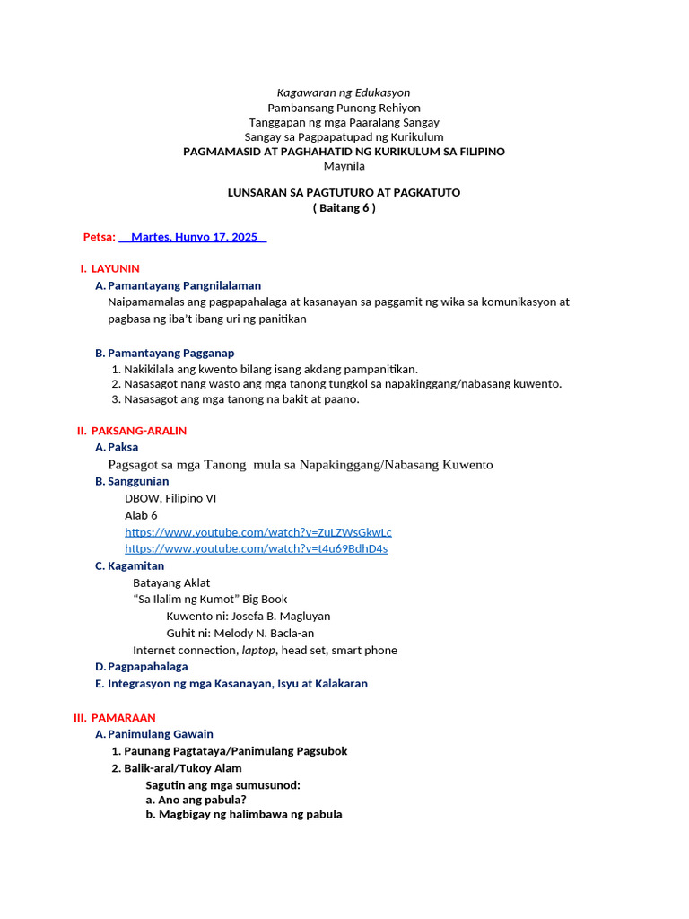 Pagsagot Sa Tanong Hinggil Sa Binasa o Napakinggang Kwento | PDF