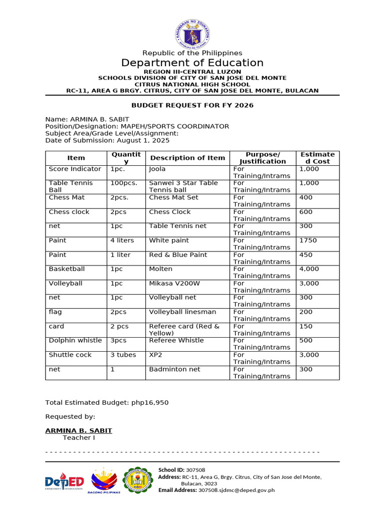 FY 2026 Sports Equipment Budget Request | PDF | Athletic Sports | Ball ...