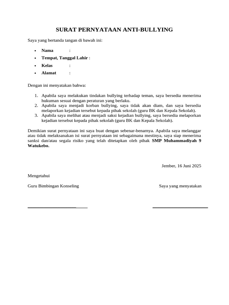Surat Pernyataan Anti Bullying | PDF