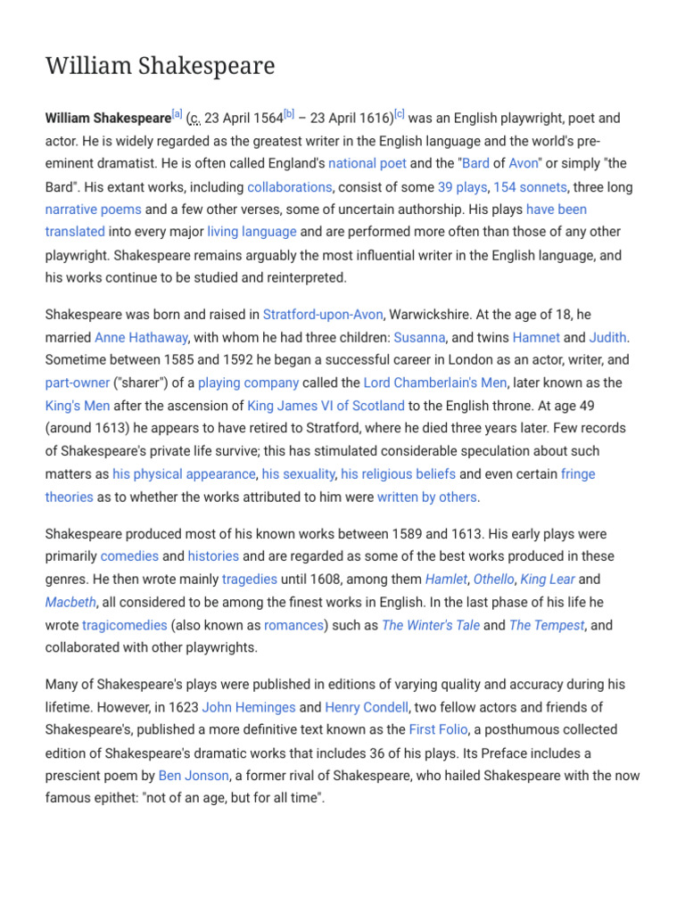 William Shakespeare - Wikipedia | PDF | William Shakespeare ...
