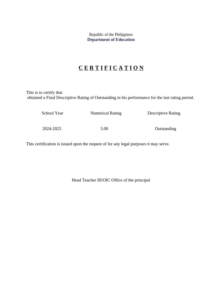 Certification of Outstanding Performance | PDF