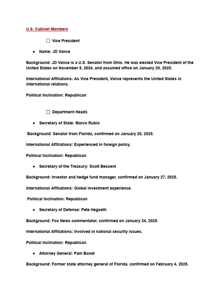 United States Cabinet and Senate | PDF | Republican Party (United ...