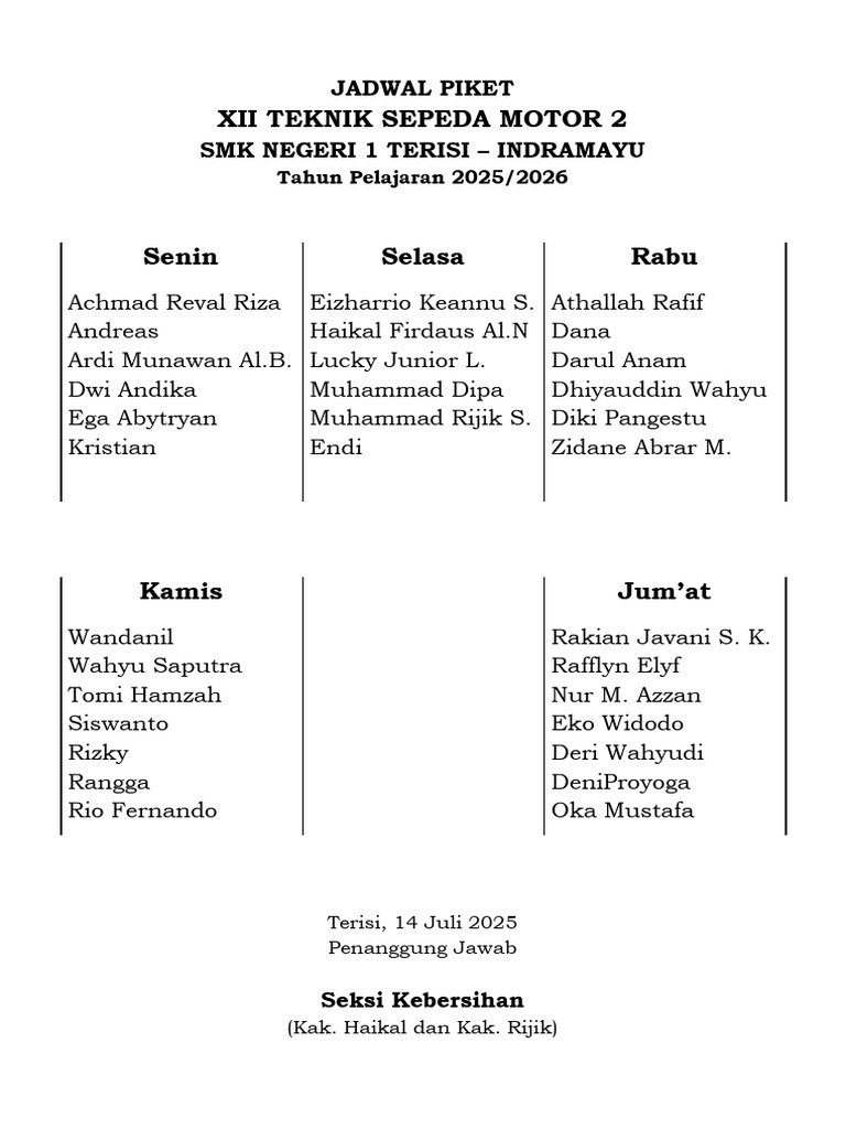 Jadwal Piket Kelas Xii Tsm 2 Tahun 2025 | PDF