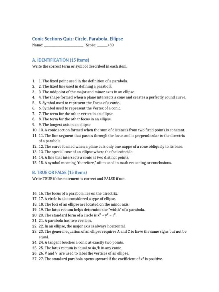 Conic Sections Quiz Overview | PDF | Ellipse | Euclid