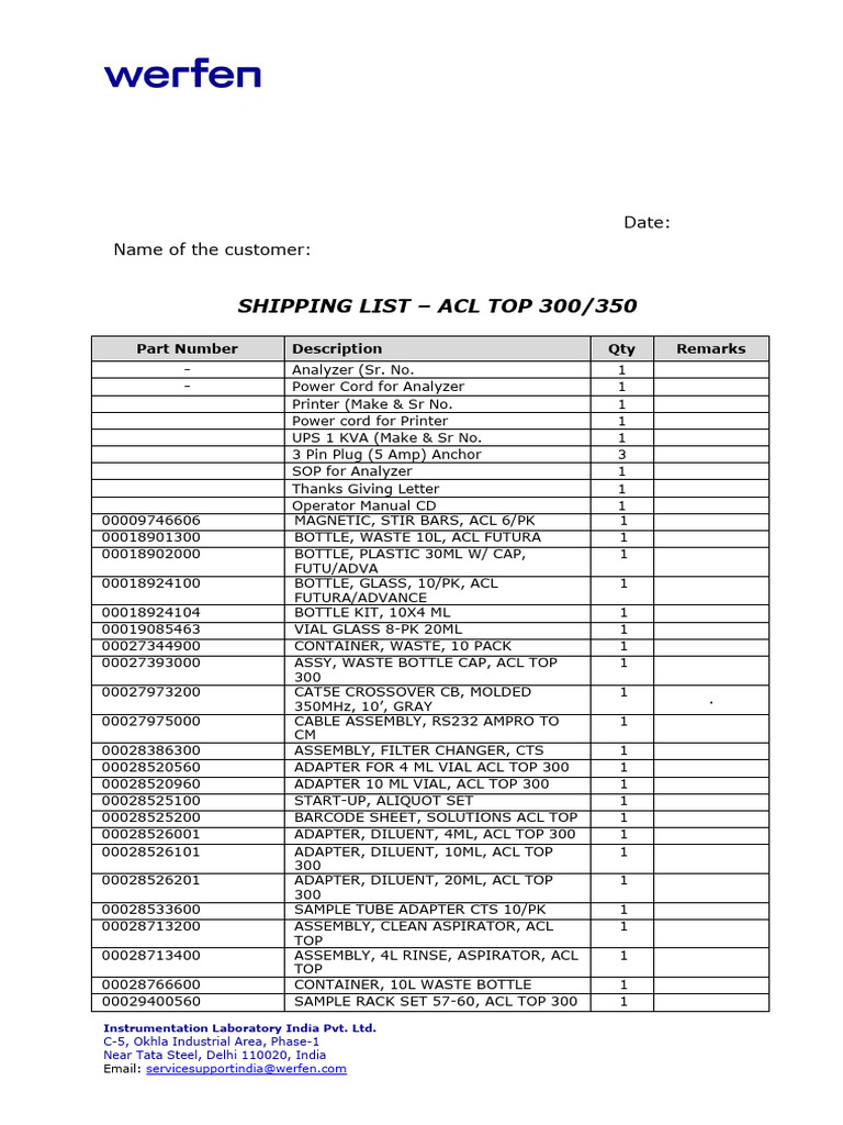 Packing List ACL TOP 300 | PDF