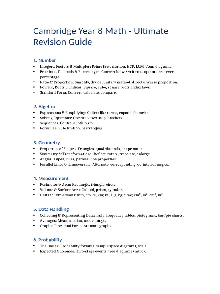 Cambridge Year 8 Math Revision Guide | PDF