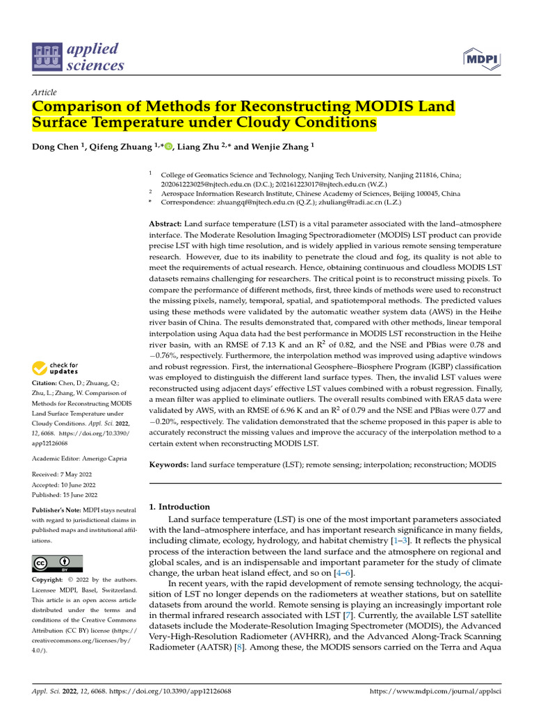 Comparison of Methods For Reconstructing MODIS LST Under Cloudy Conditions | PDF | Earth Sciences