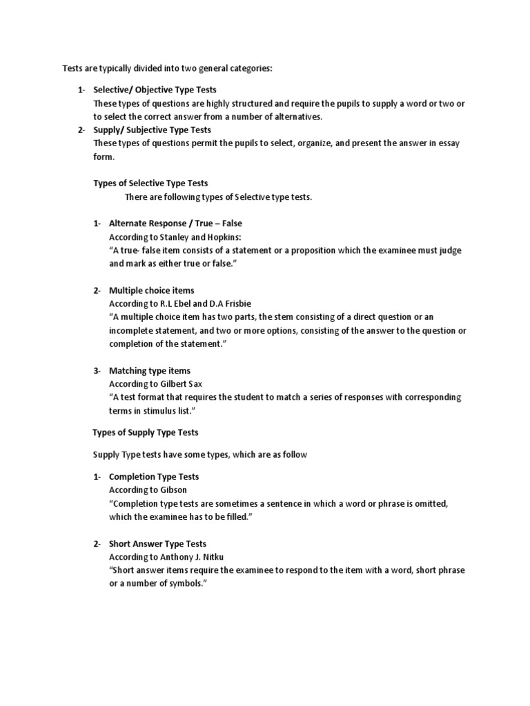 Test Types | PDF | Multiple Choice | Test (Assessment)