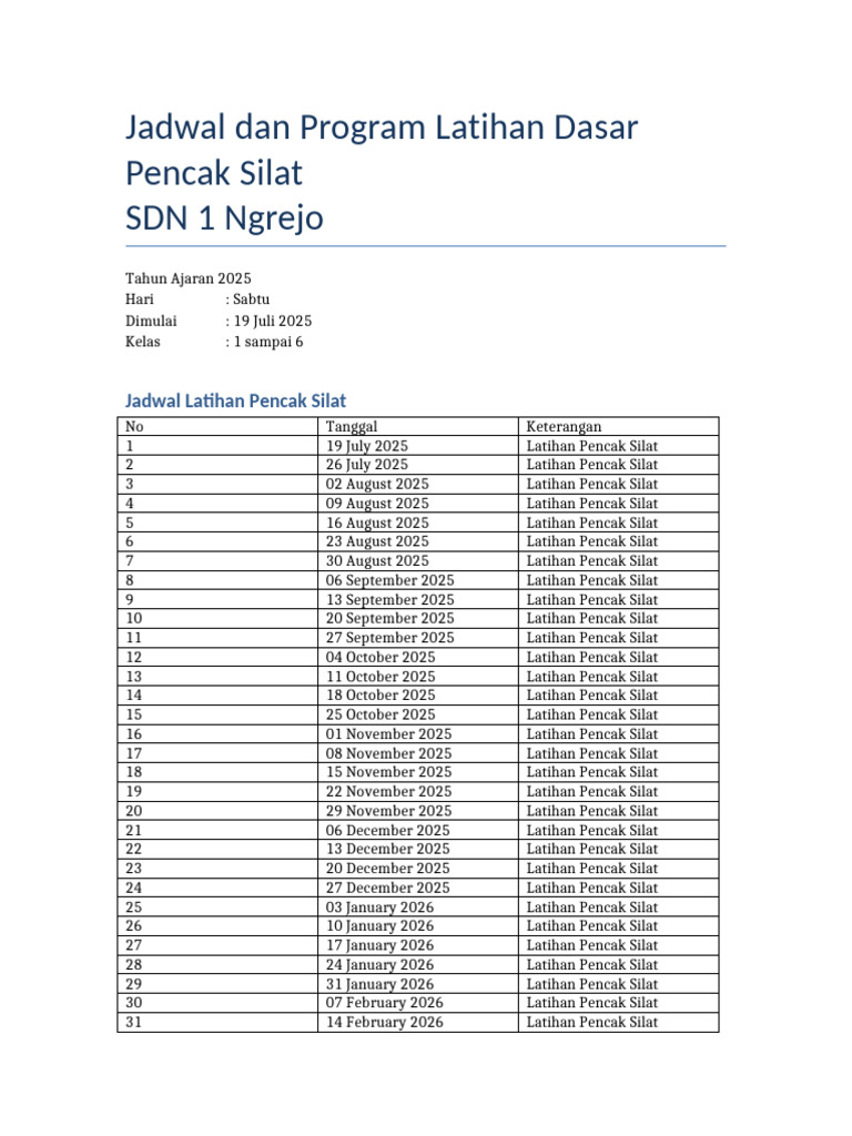 Jadwal_dan_Program_Latihan_Pencak_Silat_SDN1_Ngrejo_2025 | PDF
