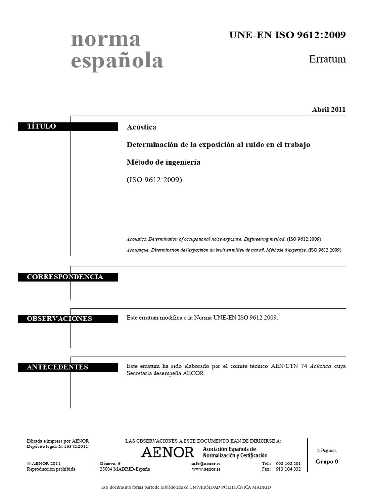 Erratum UNE-EN ISO 9612:2009 | PDF