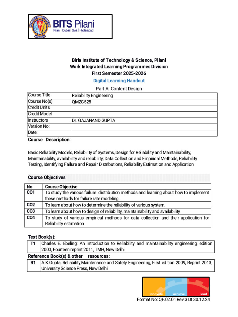 Reliability Engineering COURSE HANDOUT | PDF | Reliability Engineering | System
