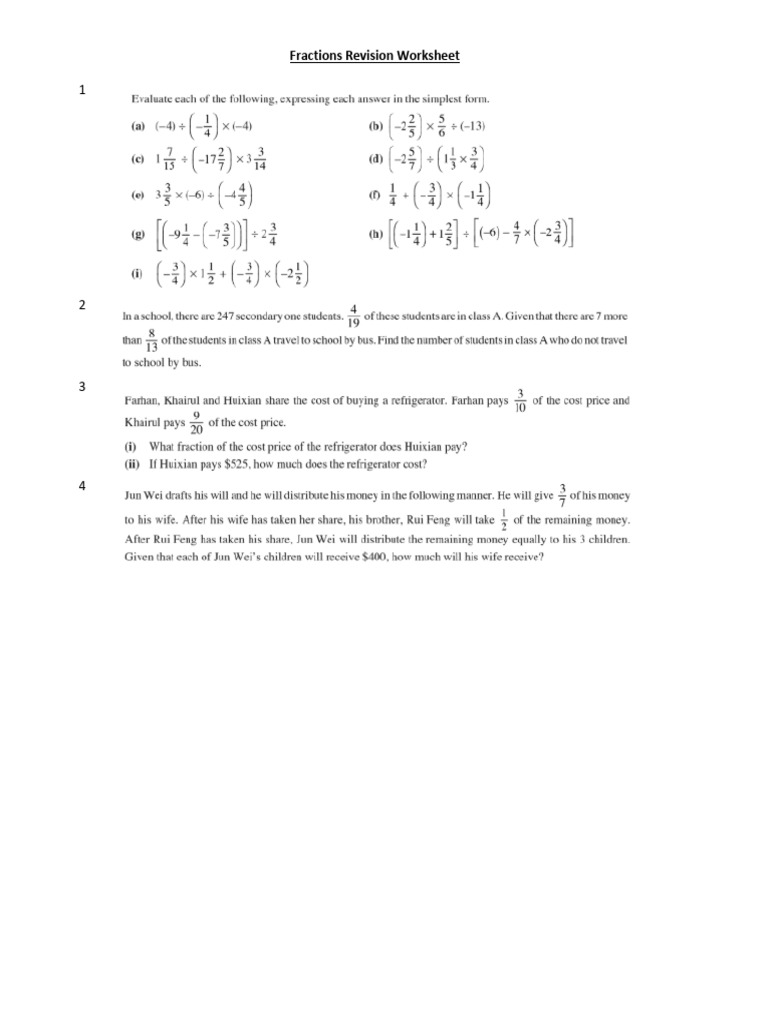 Fractions Revision Worksheet 2 Class 8 20250803 | PDF