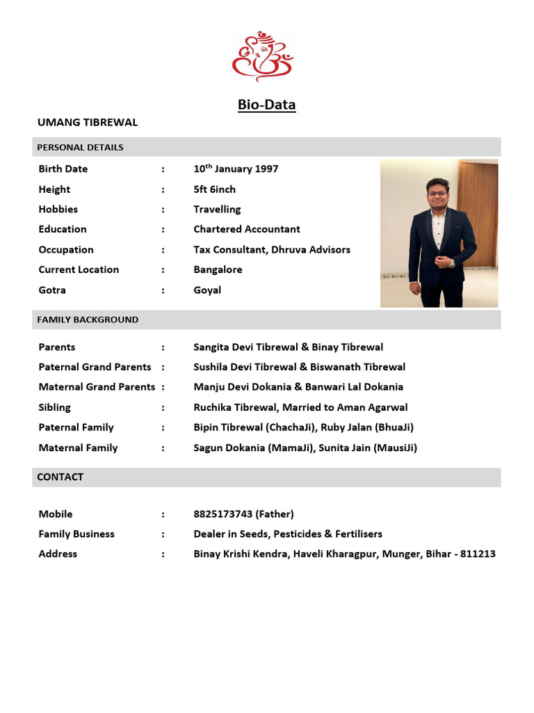 Bio-Data of Umang Tibrewal | PDF