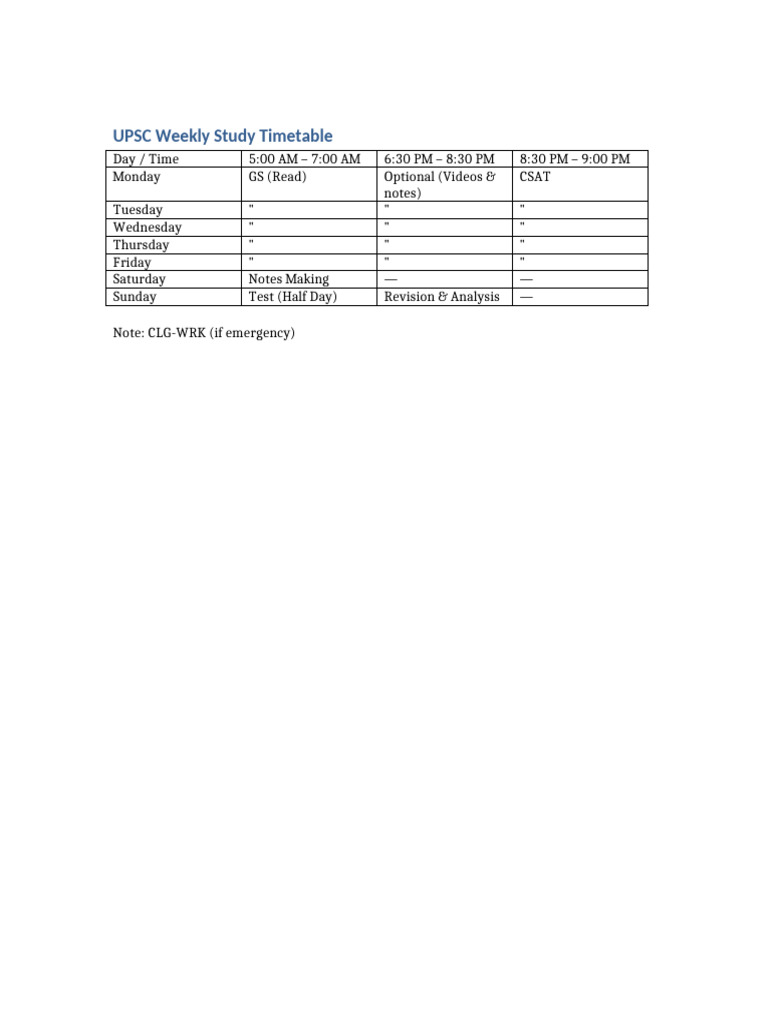 UPSC Weekly Study Timetable | PDF